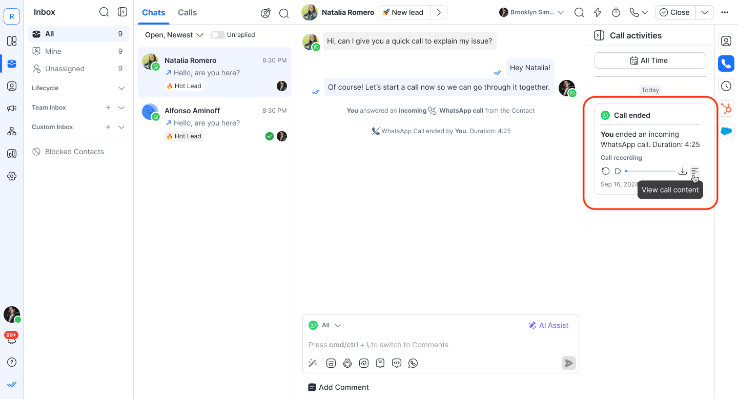 Managing Calls in Inbox