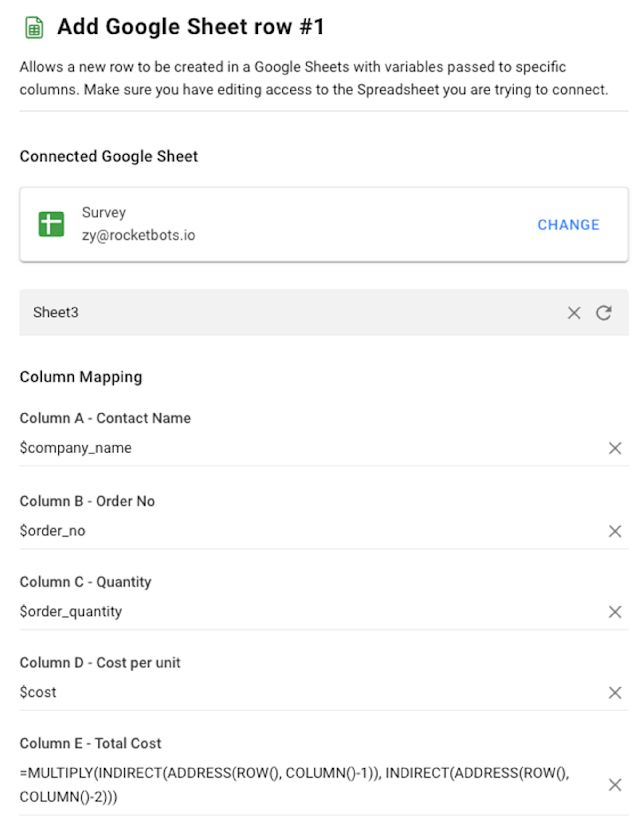 Step: Add Google Sheets Row